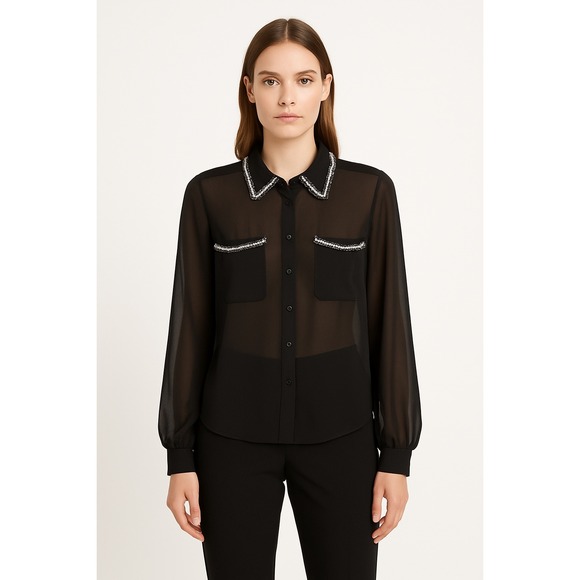 Zara | Tops | Zara Black Sheer Top Embellished Collar Pocket Button ...